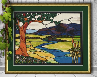 Stained Glass Country Side Counted Cross Stitch Pattern PDF | Etsy