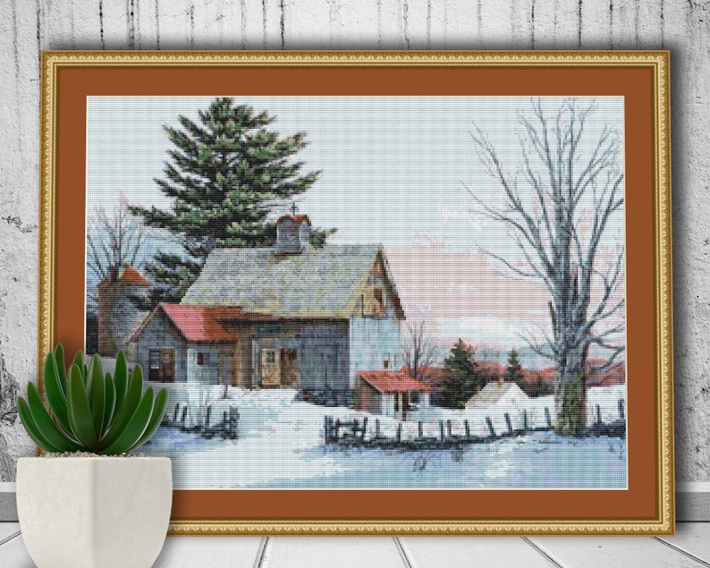 Farm in Winter Counted Cross Stitch Pattern PDF Down Load 065 - Etsy