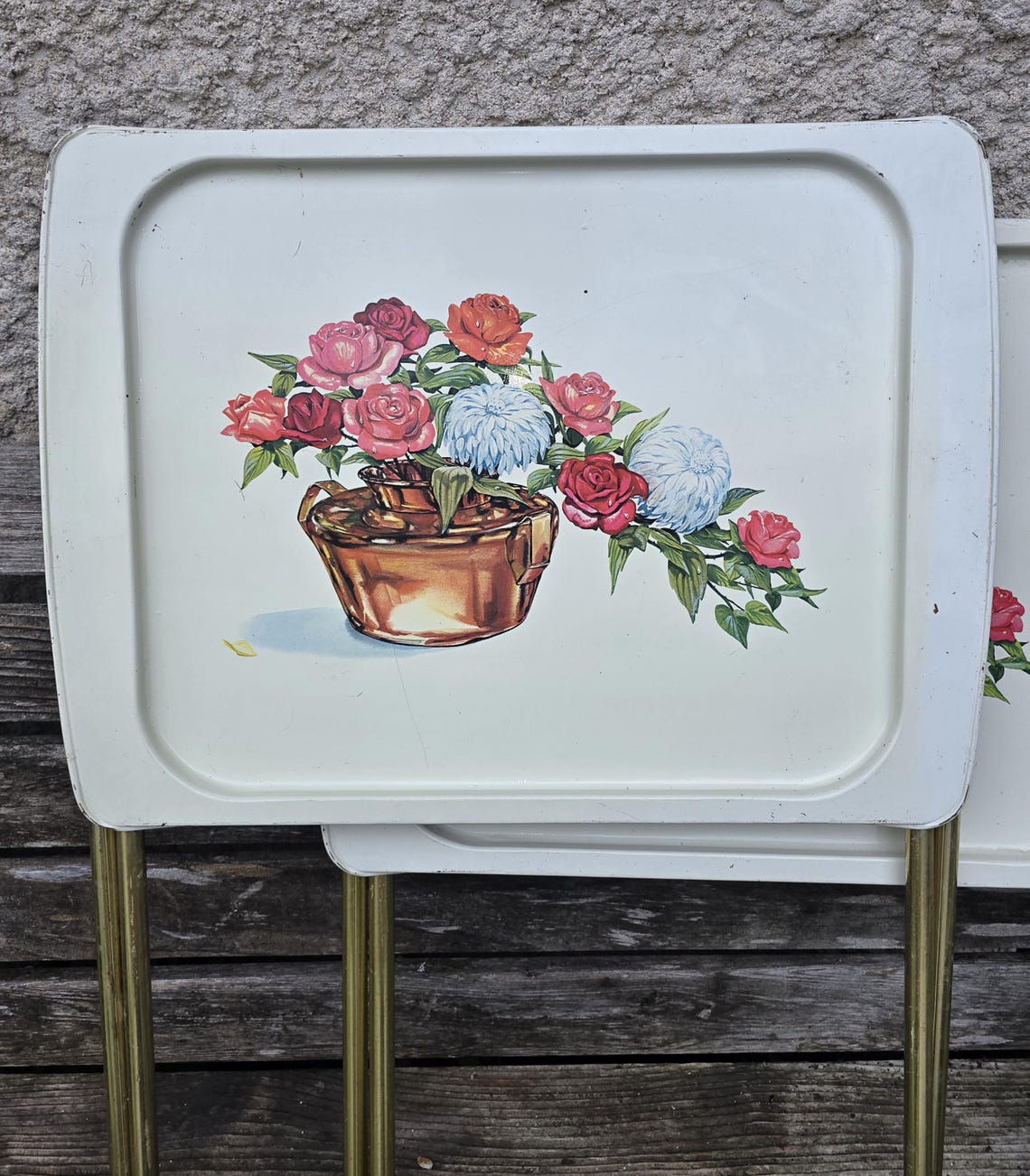 Vintage Folding Metal TV Trays, (4pcs), White Roses, Kitchen&dining ...