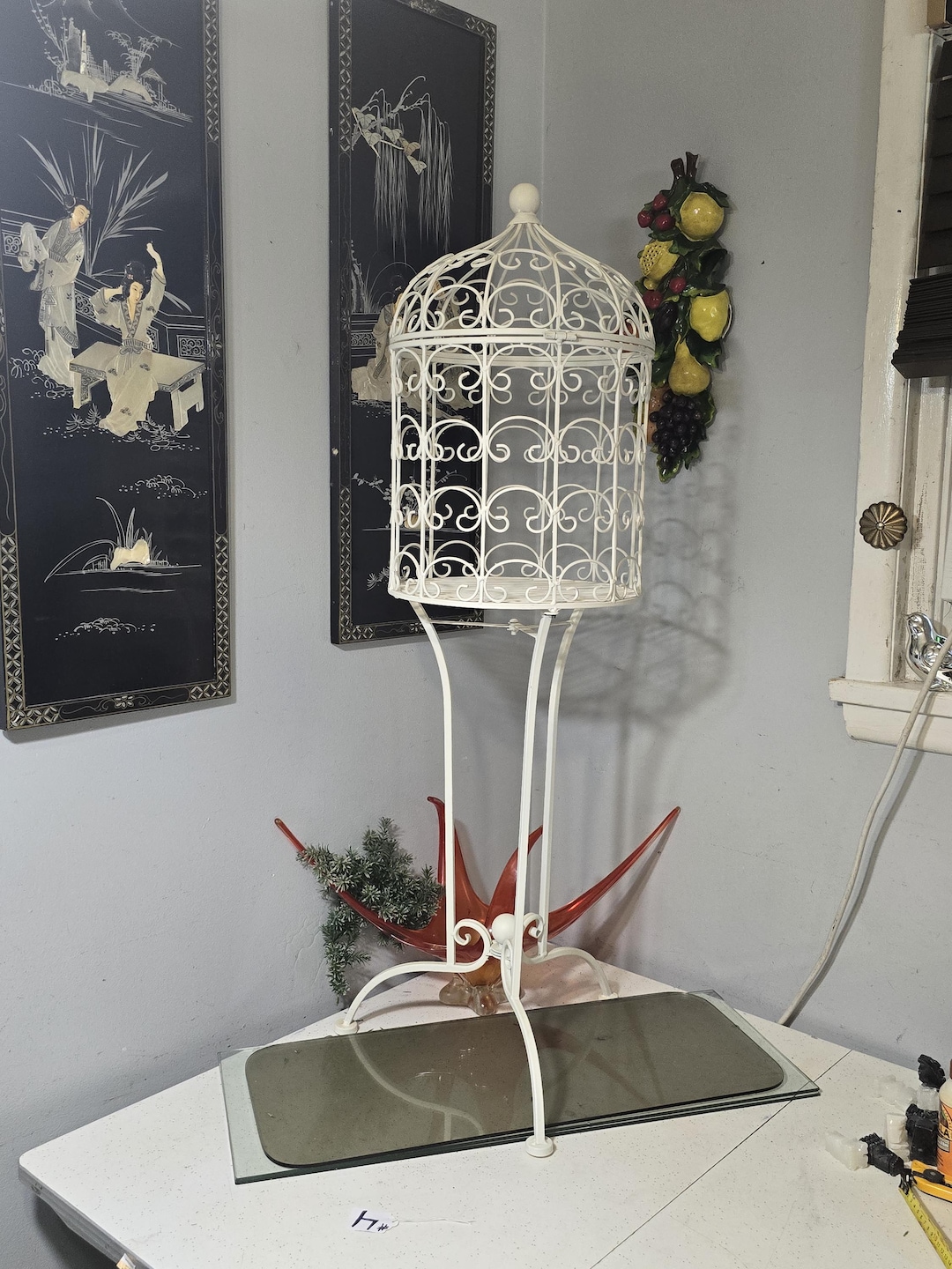 Antique White Metal Bird Cage: Self Standing Plant Hanger, Vintage ...