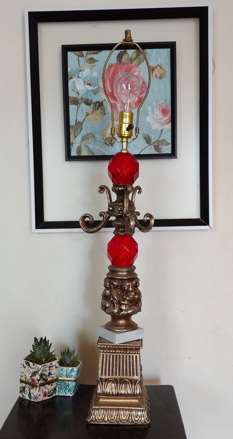 Antique Brass Cherub Lamp Vintage Ruby Red Glass Marble - Etsy