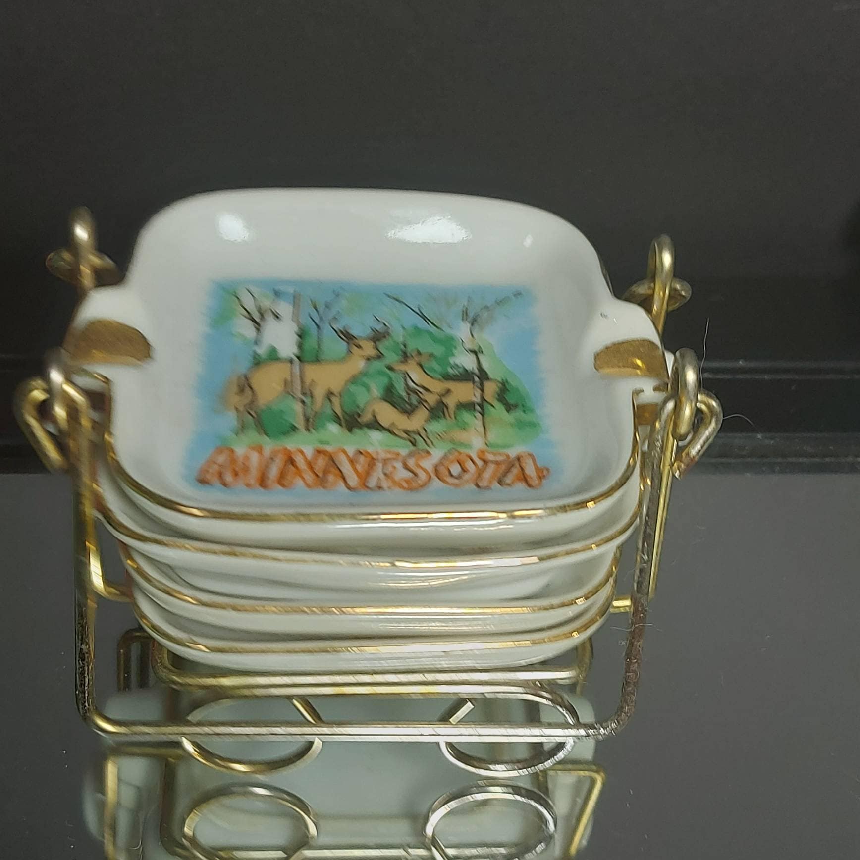 Miniature Ashtray Set With Holder, Vintage, Minnesota Souvenir, Canada ...