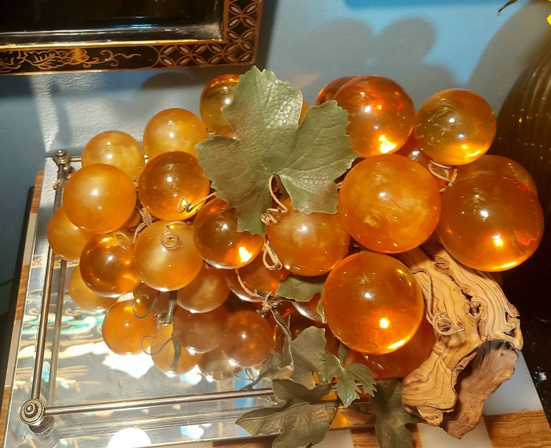 Lucite Grape Cluster, Orange Acrylic Grapes, Pearlized Wood Stem, Green ...