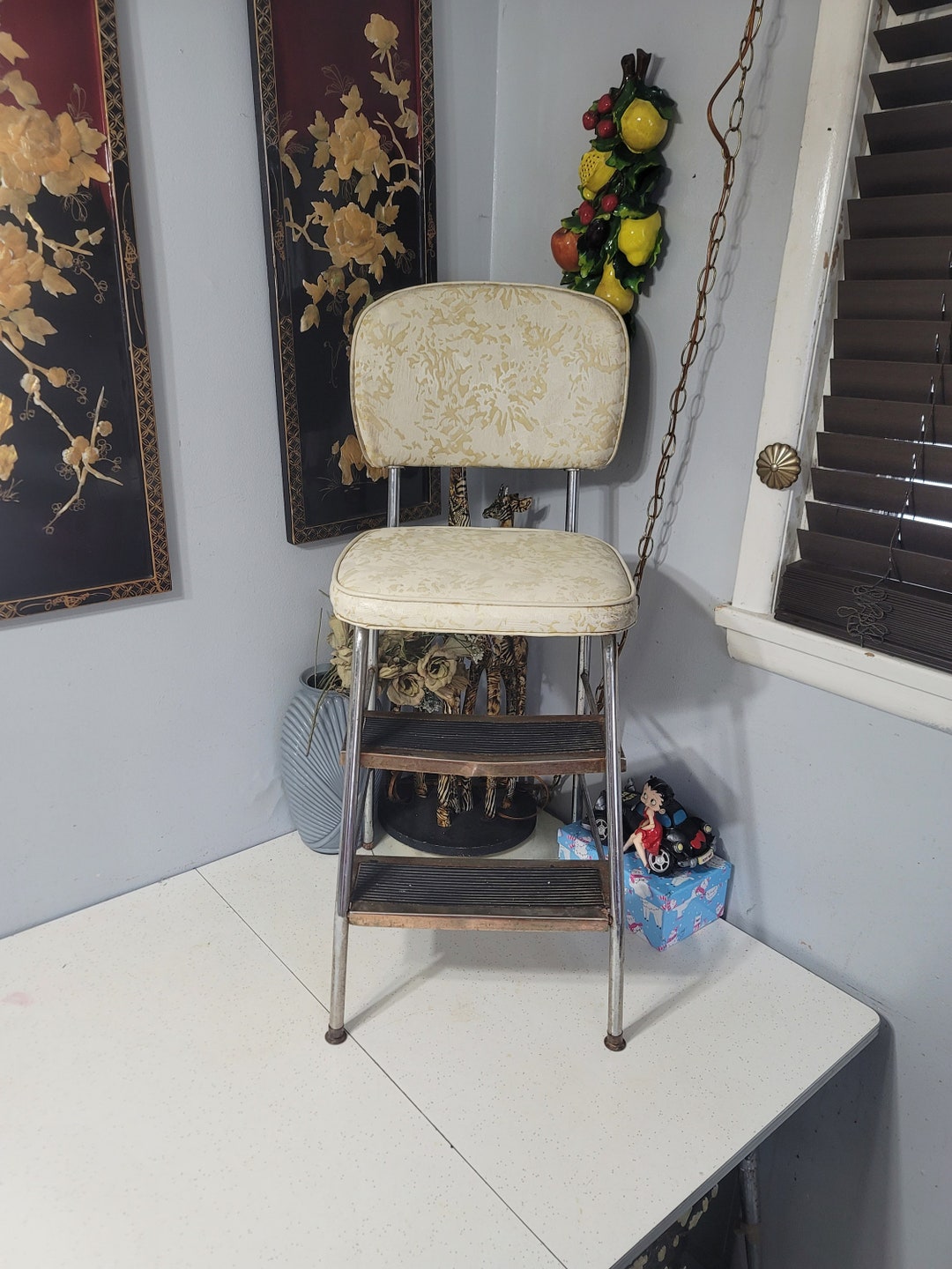 Chair With Step Stool, Vintage Kitchen Chair, Step Stool, Vinyl, Chrome ...