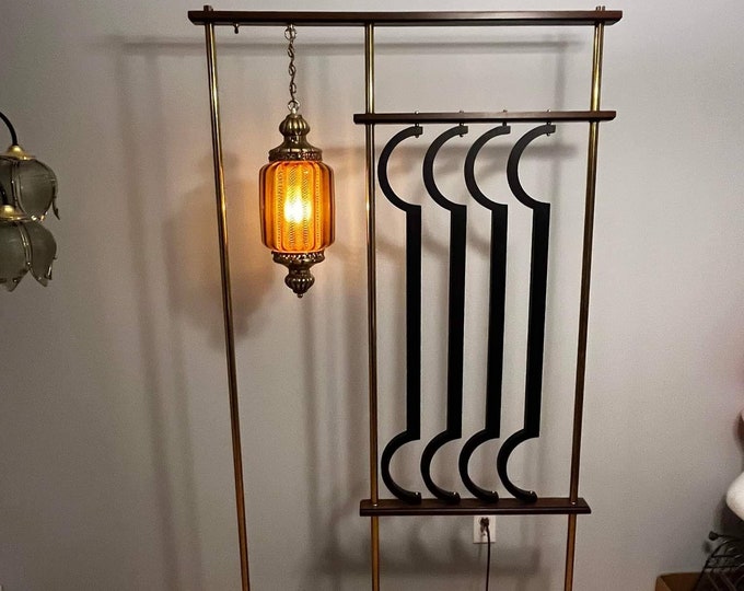 Room Divider With Hanging Lamp, Vintage 70s, Wood and Brass Room Divder ...