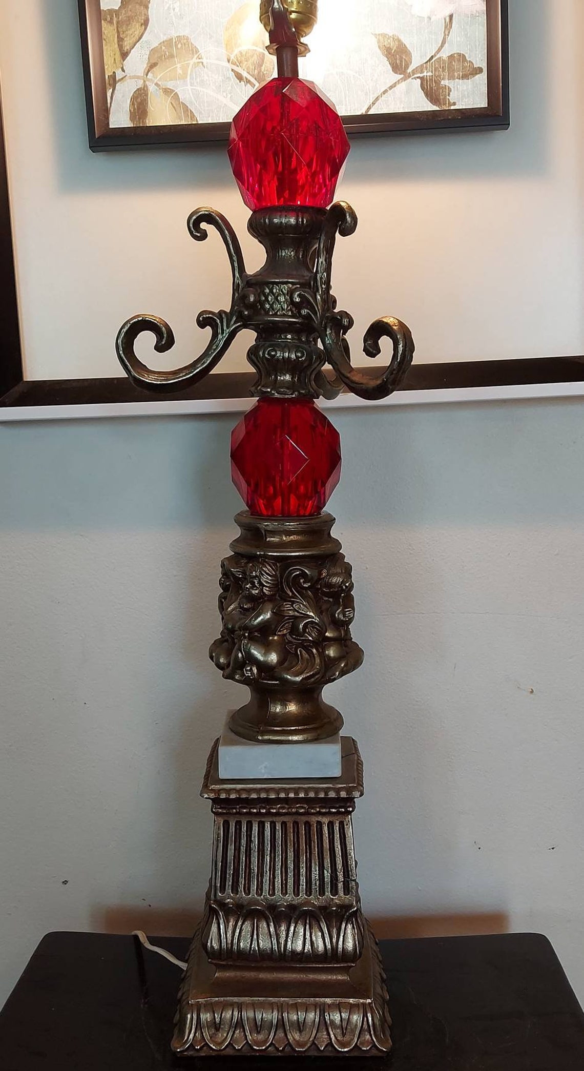 Antique Brass Cherub Lamp Vintage Ruby Red Glass Marble | Etsy