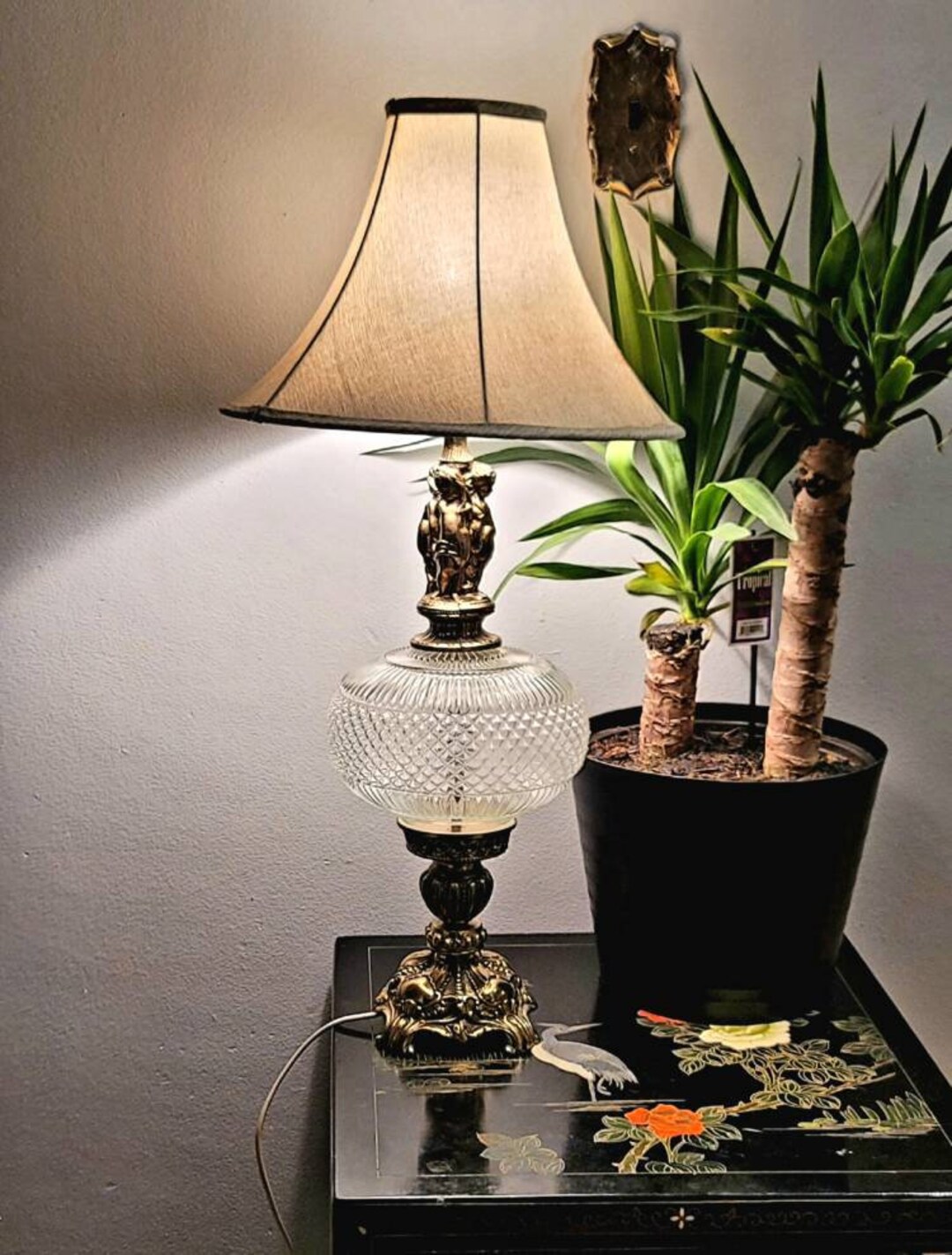 Antique Brass and Glass Cherub Lamp, Vintage, Hollywood Regency, Brass ...