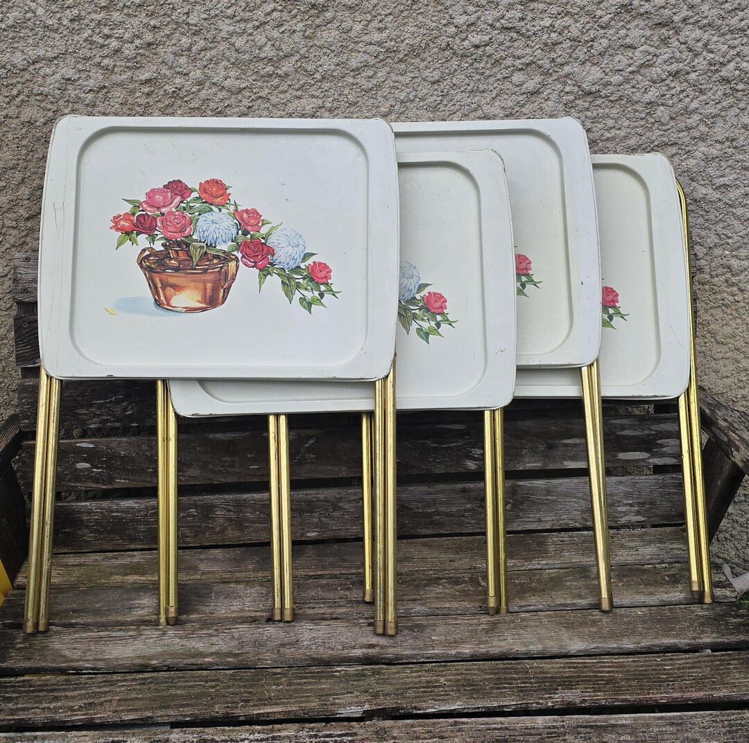 Vintage Folding Metal TV Trays, (4pcs), White Roses, Kitchen&dining ...