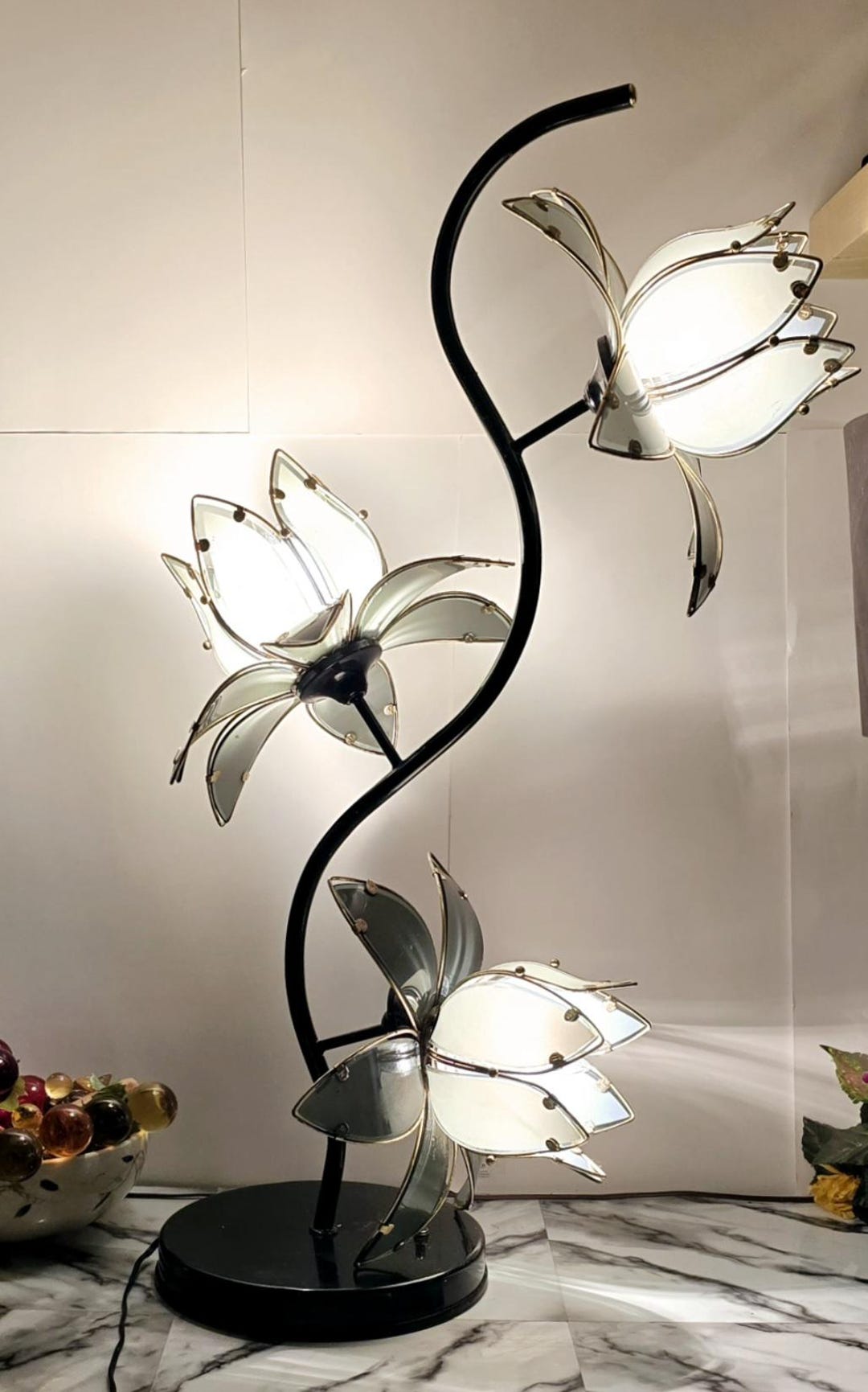Vintage 80s Lotus Flower Floor Lamp: Smokey Black Glass Panel Shade - Etsy