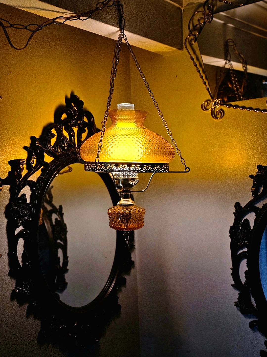 Swag Lamp, Vintage 70s, Amber Glass, Mushroom Shade, Chain, Swag ...