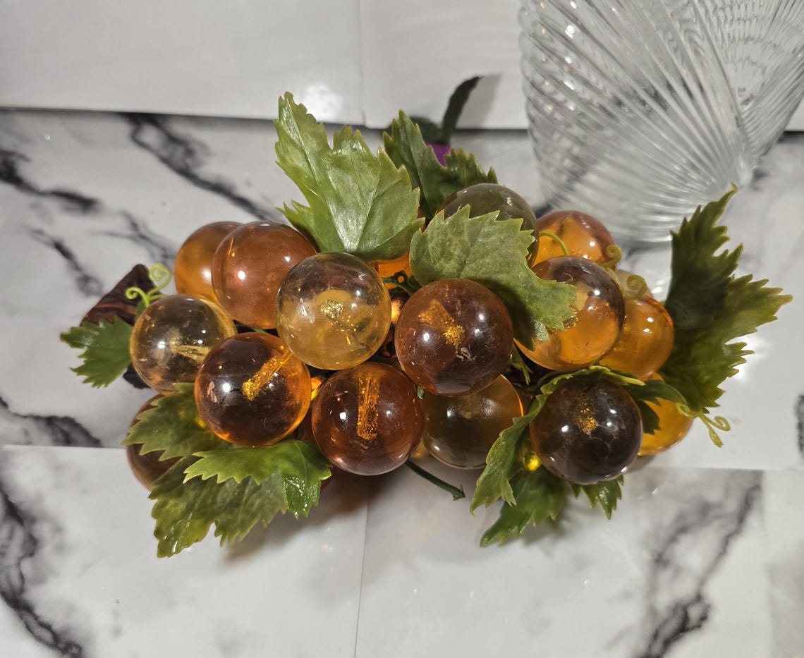 Lucite Grape Cluster, Wood Stem, Green Leaves, Vintage Kitchen Decor ...