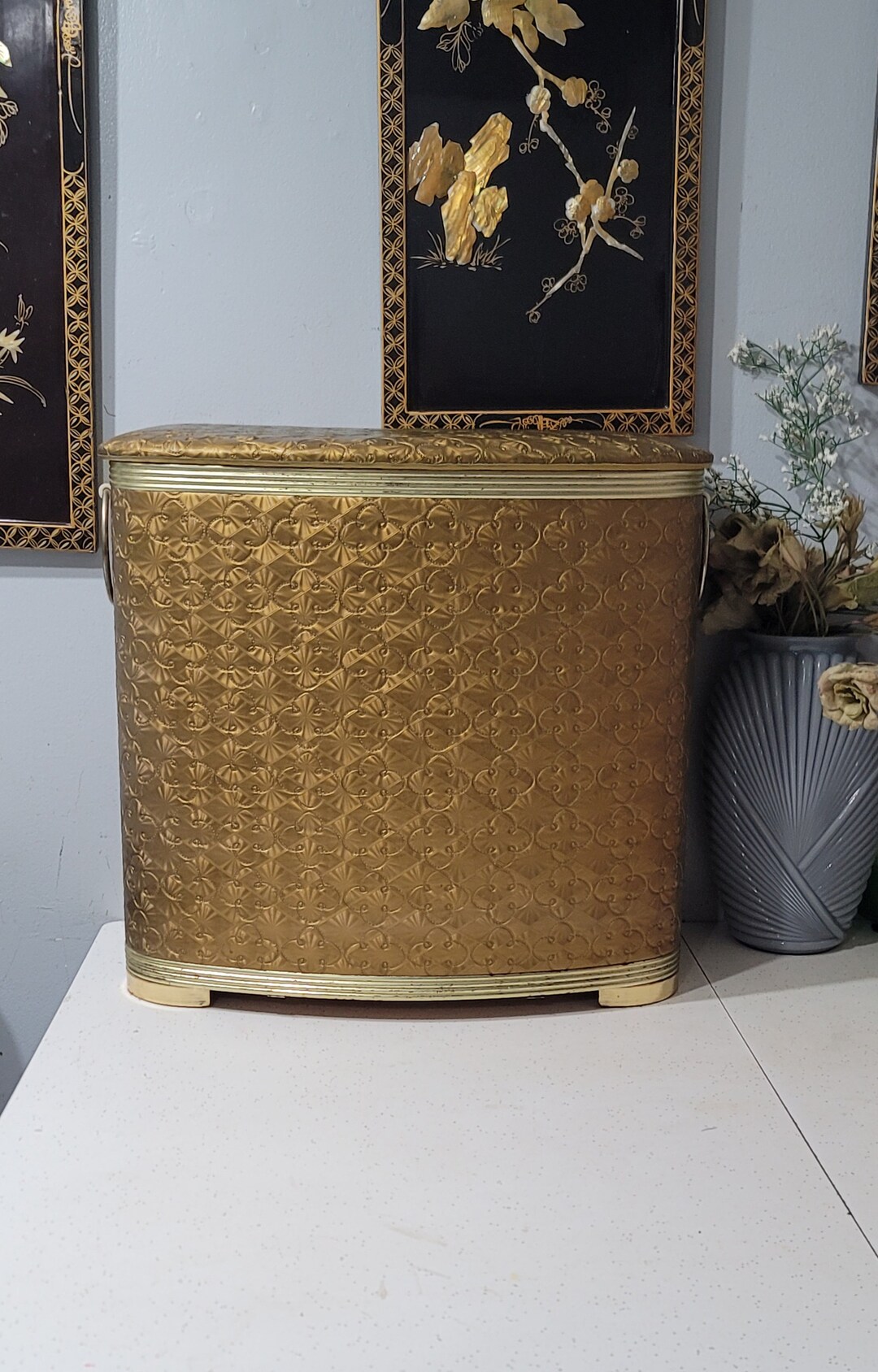 SOLD, Laundry Hamper, Clothes Hamper, Vintage 60s, Gold Vinyl, Metal ...