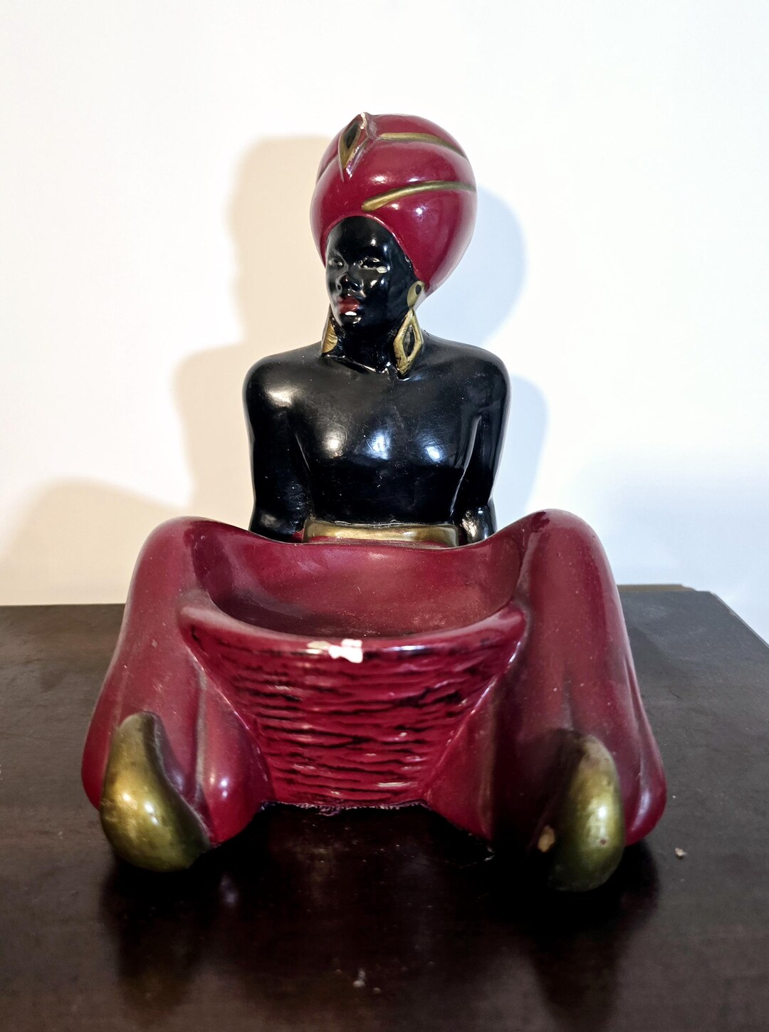 Vintage MCM Nubian Figurine Chalkware Red and Gold Drummer Mid Century ...