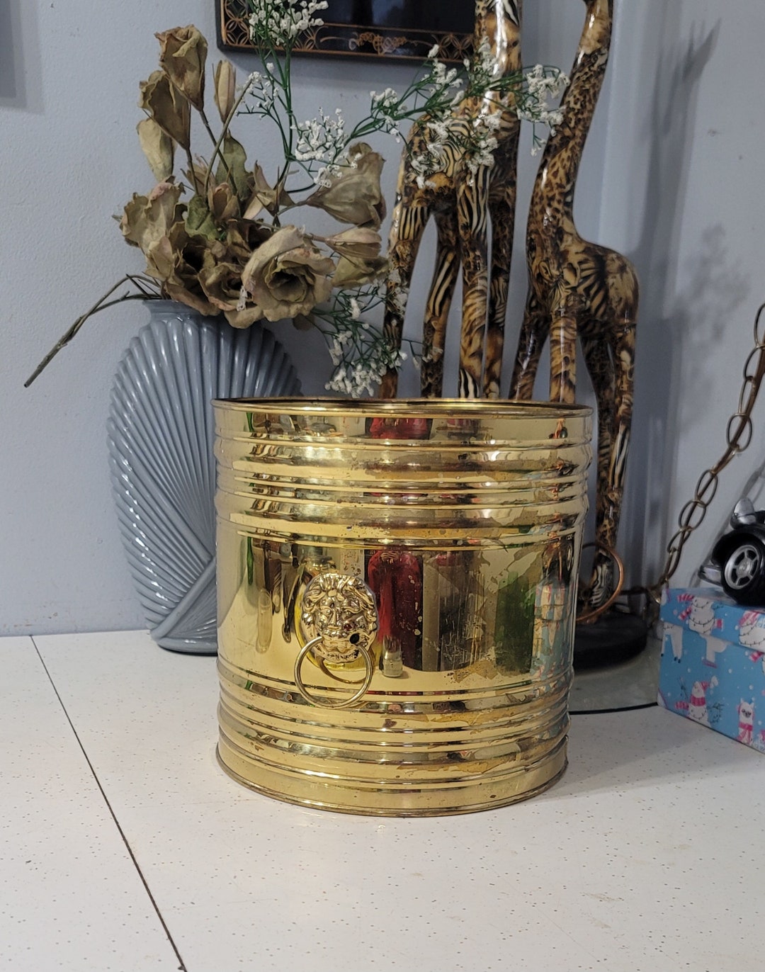 Large Brass Pot, Large Drum Style, Brass Planter, Lion Head Hoop ...