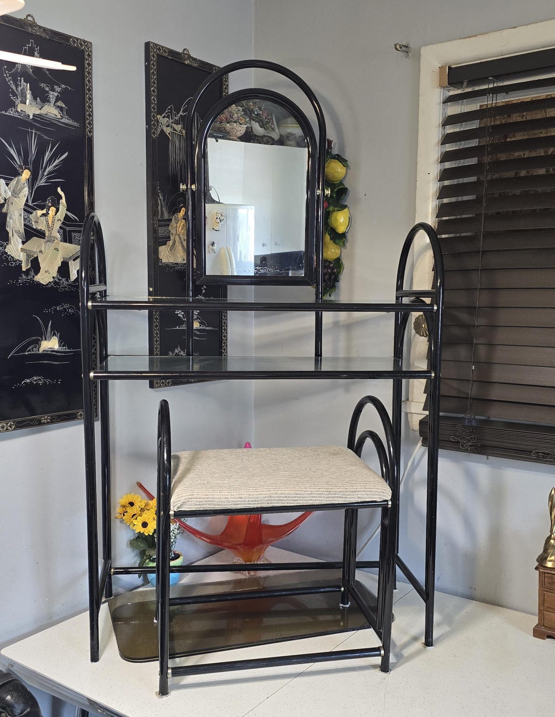 Metal Vanity With Chair Set, Vanity Table, Porcelain, Vintage Vanity ...
