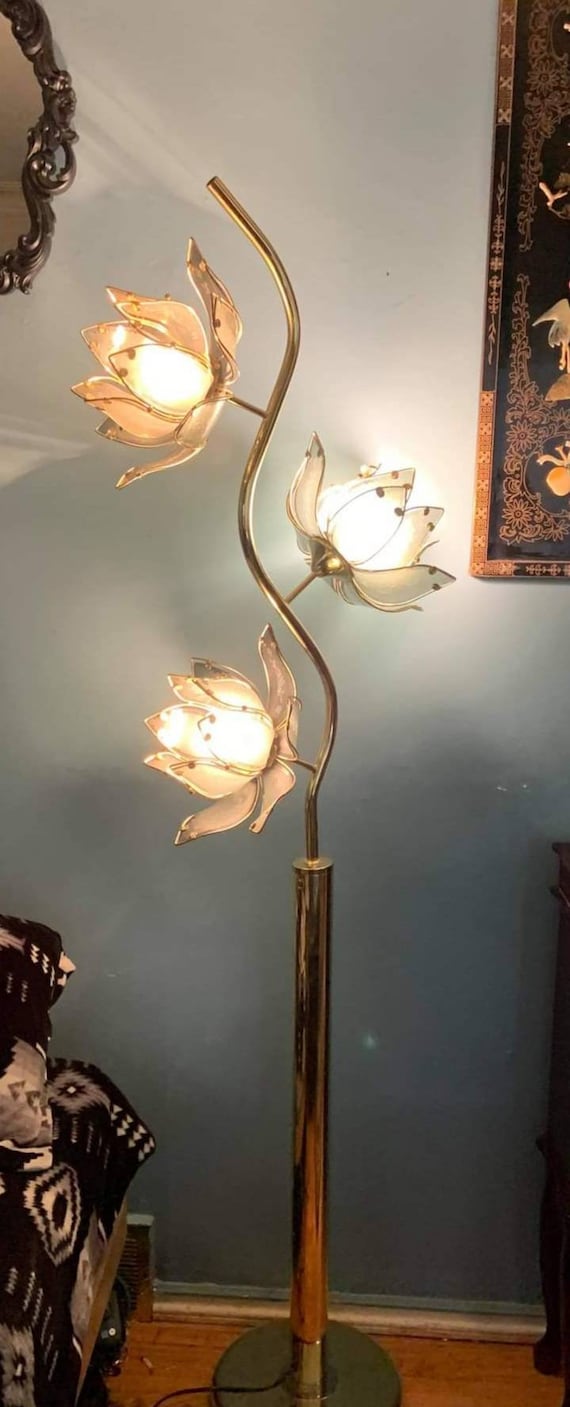 Brass Lotus Floor Lamp Smokey Black Etched Glass Panel | Etsy
