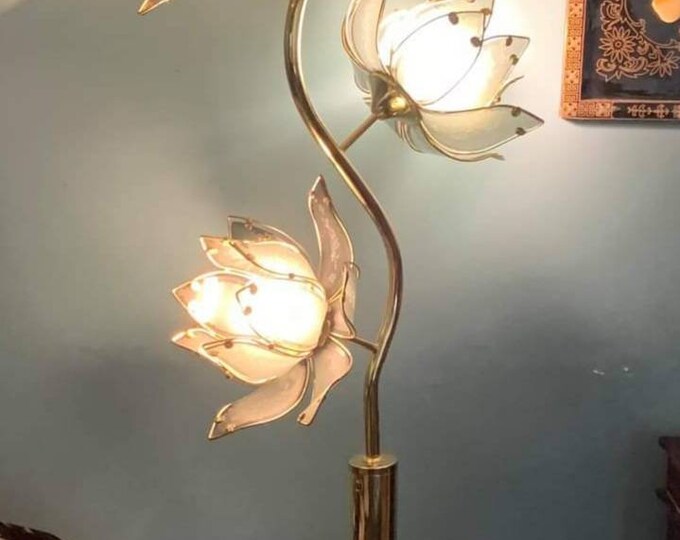 Brass, Lotus Floor Lamp, Smokey Black, Etched Glass, Panel Shade, 3 Way ...