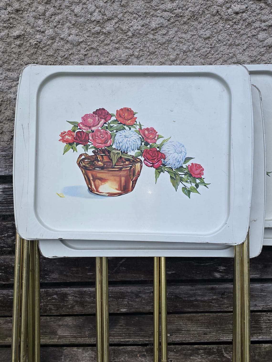 Vintage Folding Metal TV Trays, (4pcs), White Roses, Kitchen&dining ...