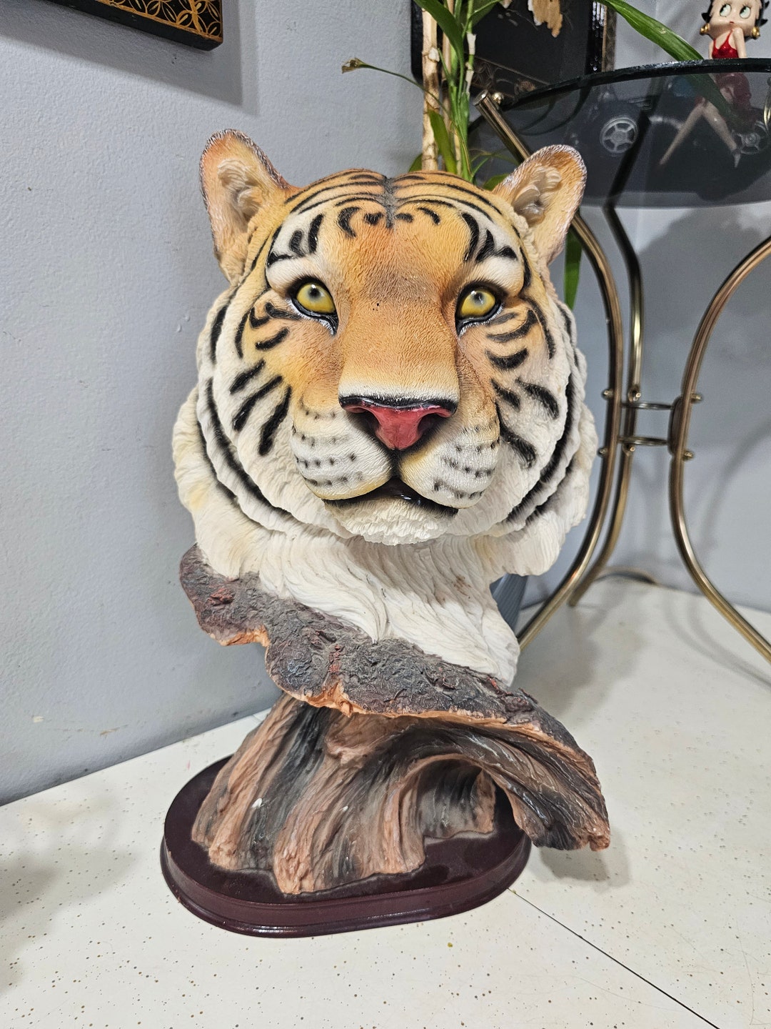 17 "tiger Bust, Vintage, Clock, Tiger Figurine, Tiger Head, Resin Stone ...