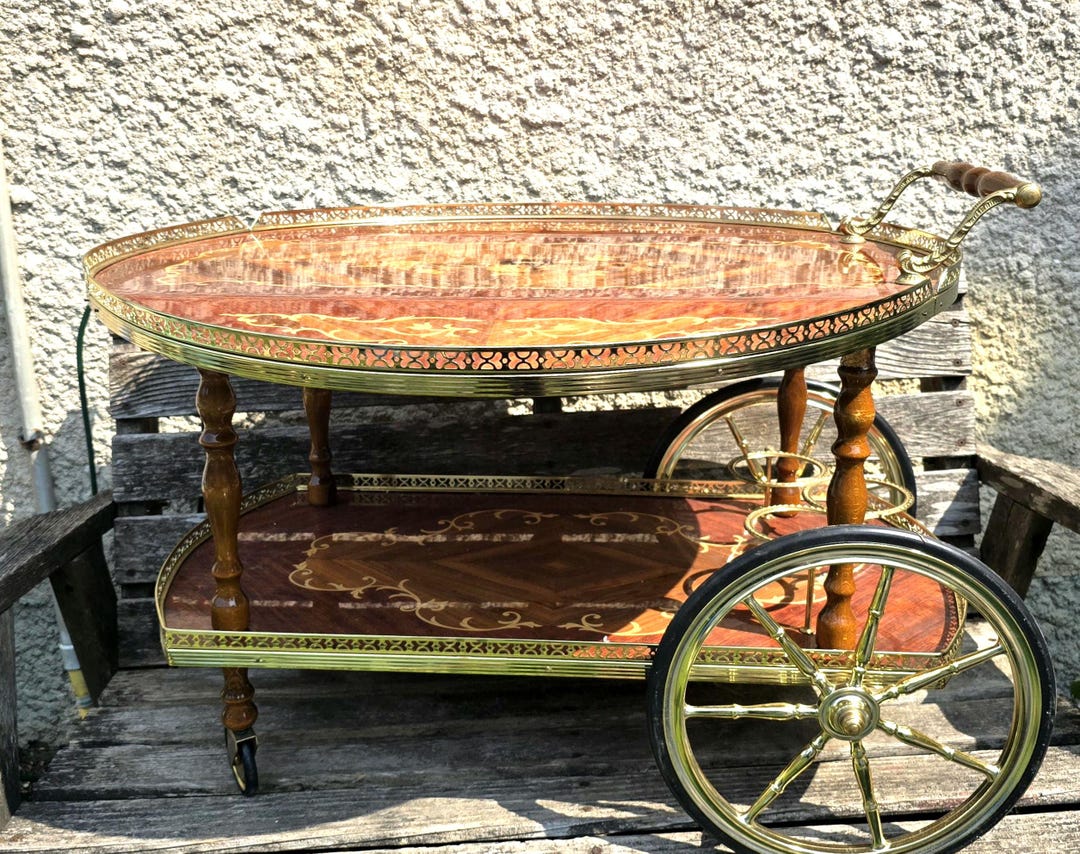 Birks Italian Bar Cart, Vintage, MCM, Marquetry, Wood, Brass, Trolley ...