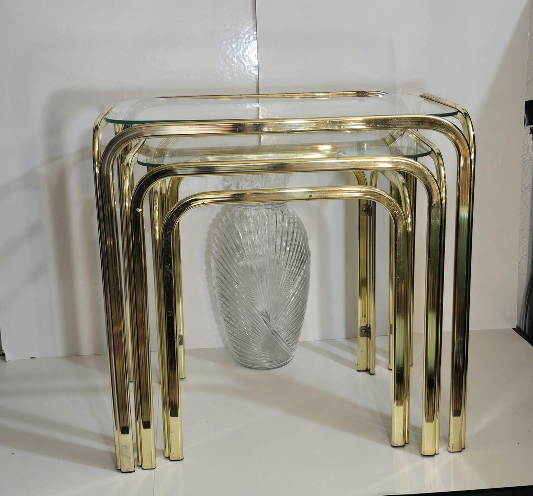 Brass&glass, Nesting Table Set, 3pcs., Brass Nesting Tables, Glass ...