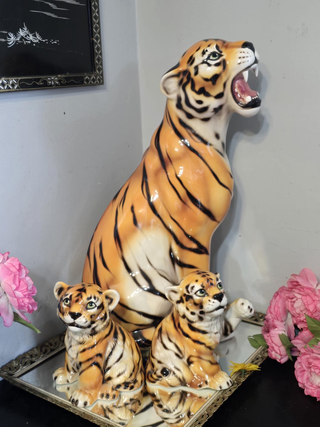 Set of Tiger Statues, (3pcs), Vintage 70s Ceramic, Tiger Statue ...