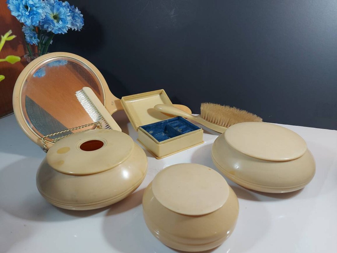 Antique, French Ivory Vanity Set, (10 Pcs), Jewelry Box, Mirror, Brush ...