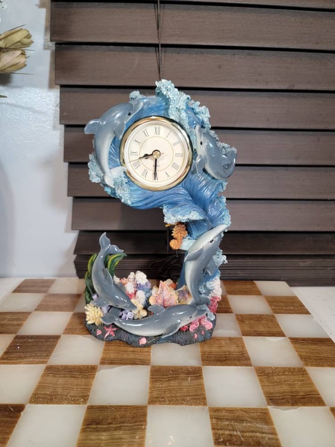 Dolphin Clock, Figurine, Ceramic, Vintage, Quatz, Seahorse, Pendulum ...