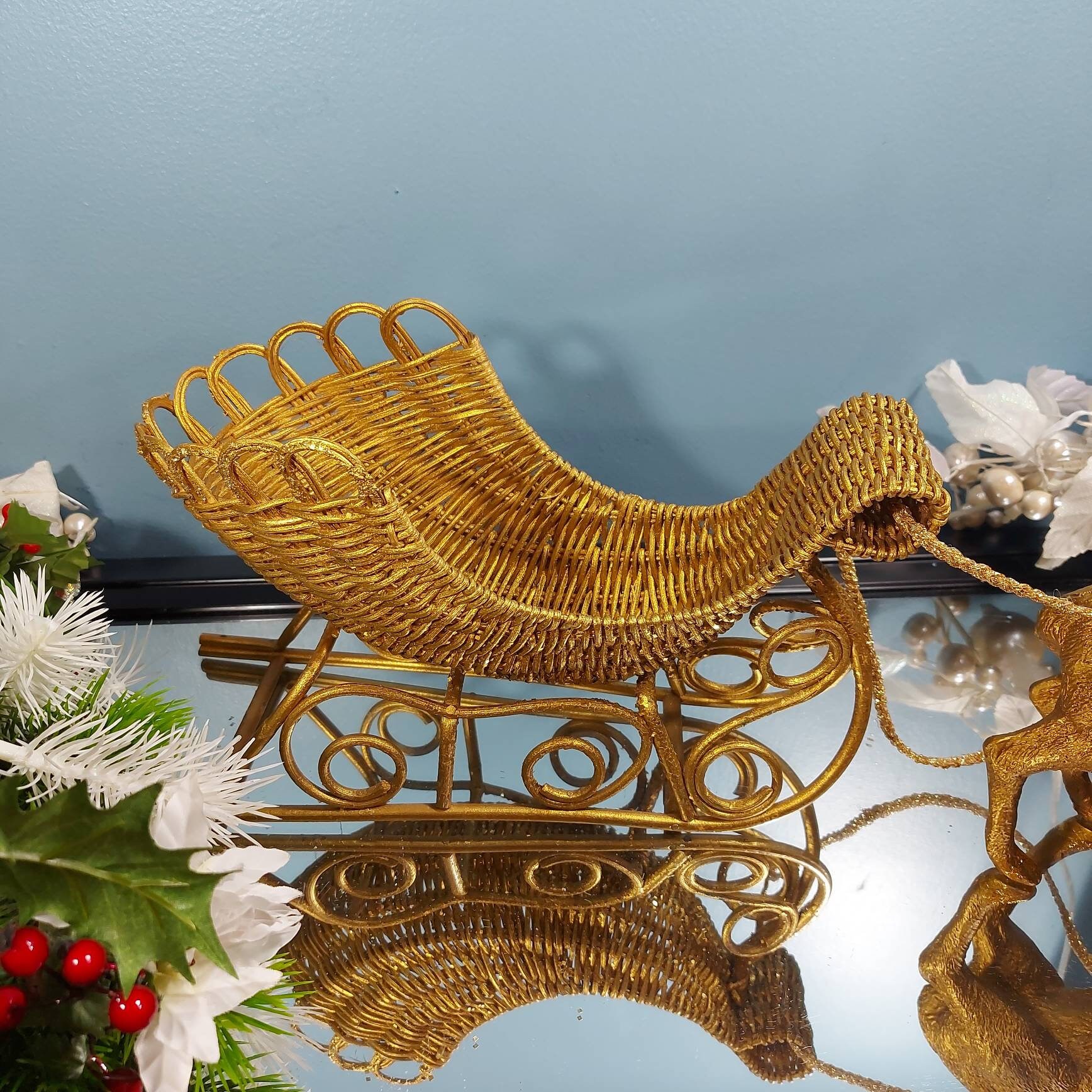 Christmas Decor Vintage Wicker Sleigh & Reindeer Mistletoe | Etsy