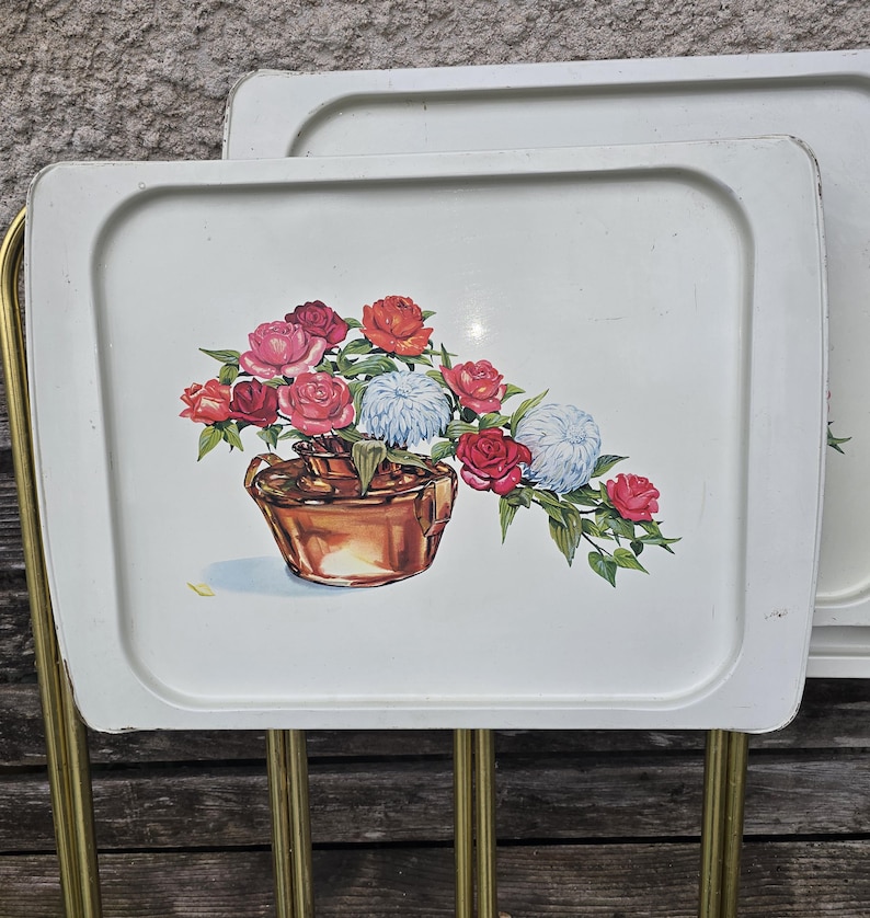 Vintage Folding Metal TV Trays, (4pcs), White Roses, Kitchen&dining ...