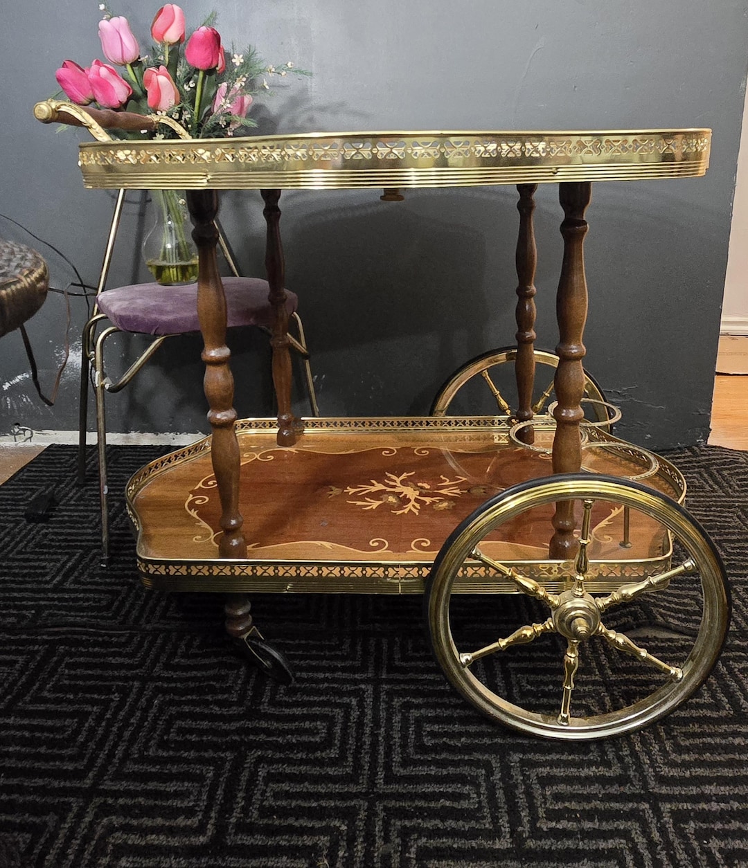 SOLD, Birks Italian Bar Cart, Vintage, MCM, Marquetry, Wood, Brass ...