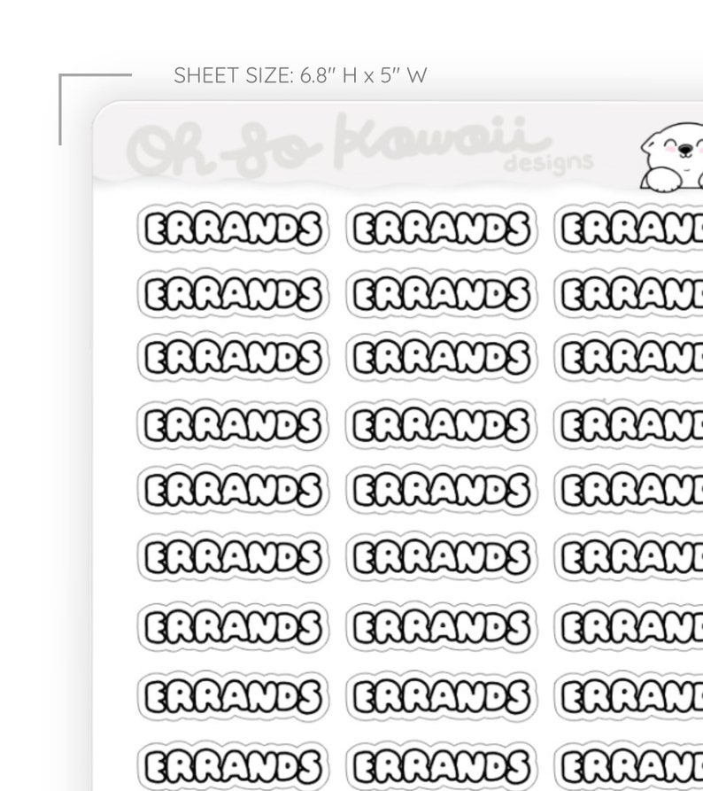 Kawaii Errands Stickers - Errands Planner Sticker - Bubble Letter ...
