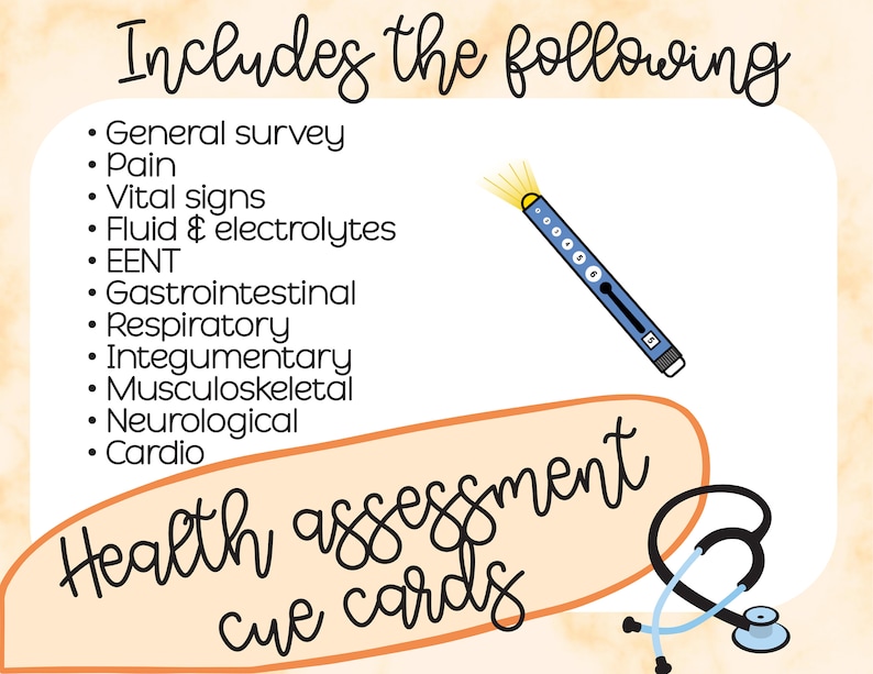 Health Assessment Cue Cards, for Nursing Students, Nurses, Medical ...