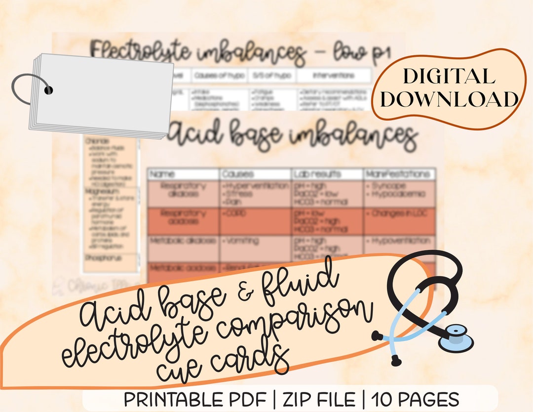 Acid Base & Fluid Electrolyte Comparison Cards, for Nursing Students ...