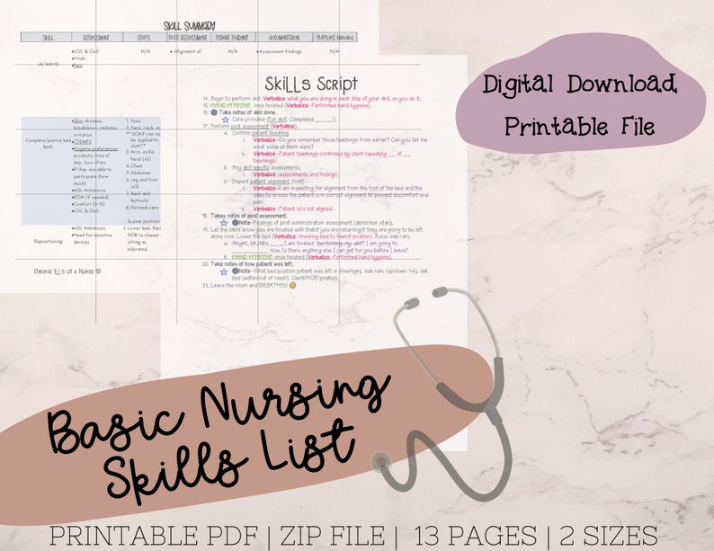  Basic Nursing Skills List Nursing Student Digital Download Etsy