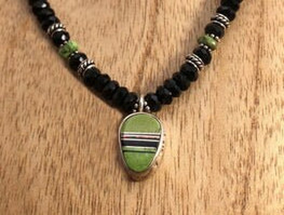 Native American Made Onyx, Gaspeite, Opal Bead Necklace With Inlay ...