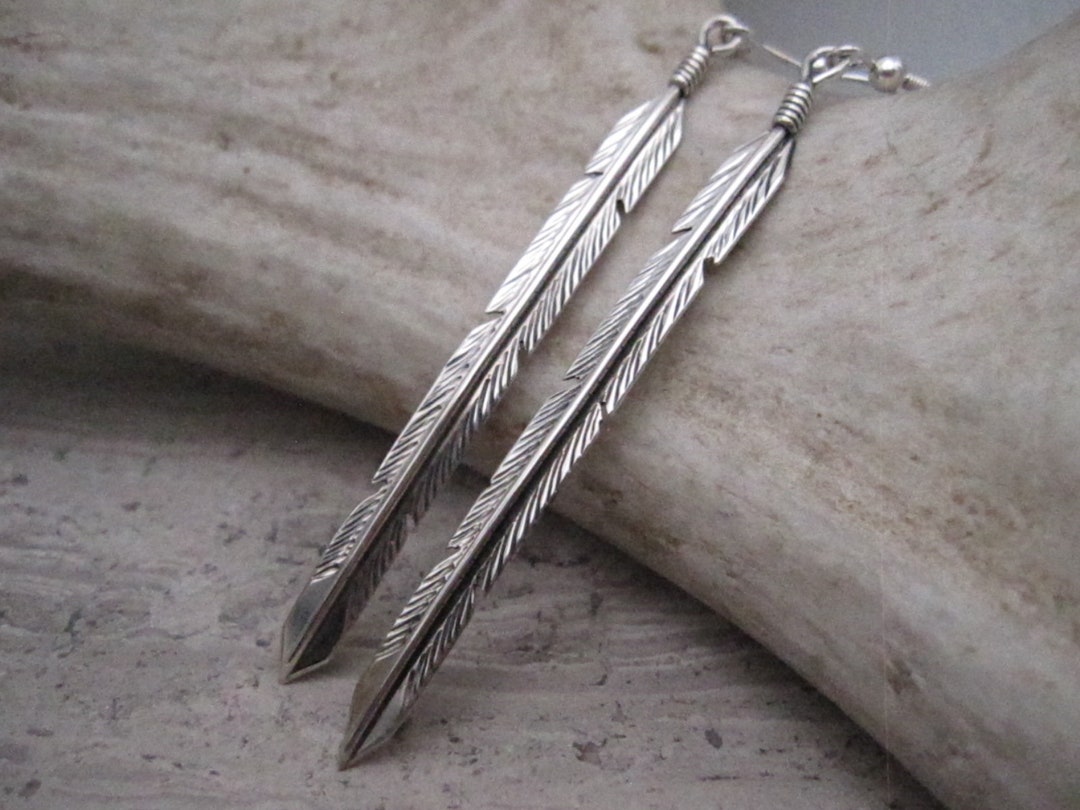 Native American Made Long Silver Feather Earrings Authentic Native ...