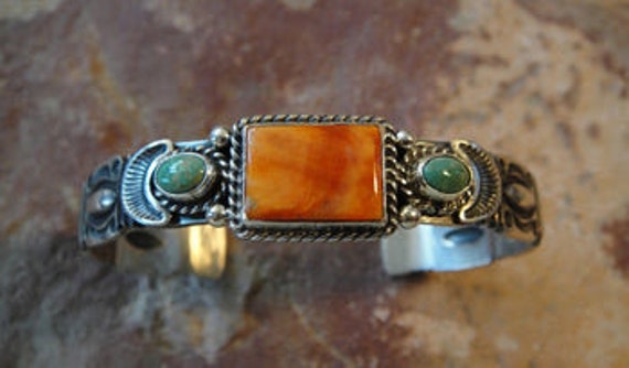 Native American Made Green Turquoise, Orange Spiny Oy… - Gem