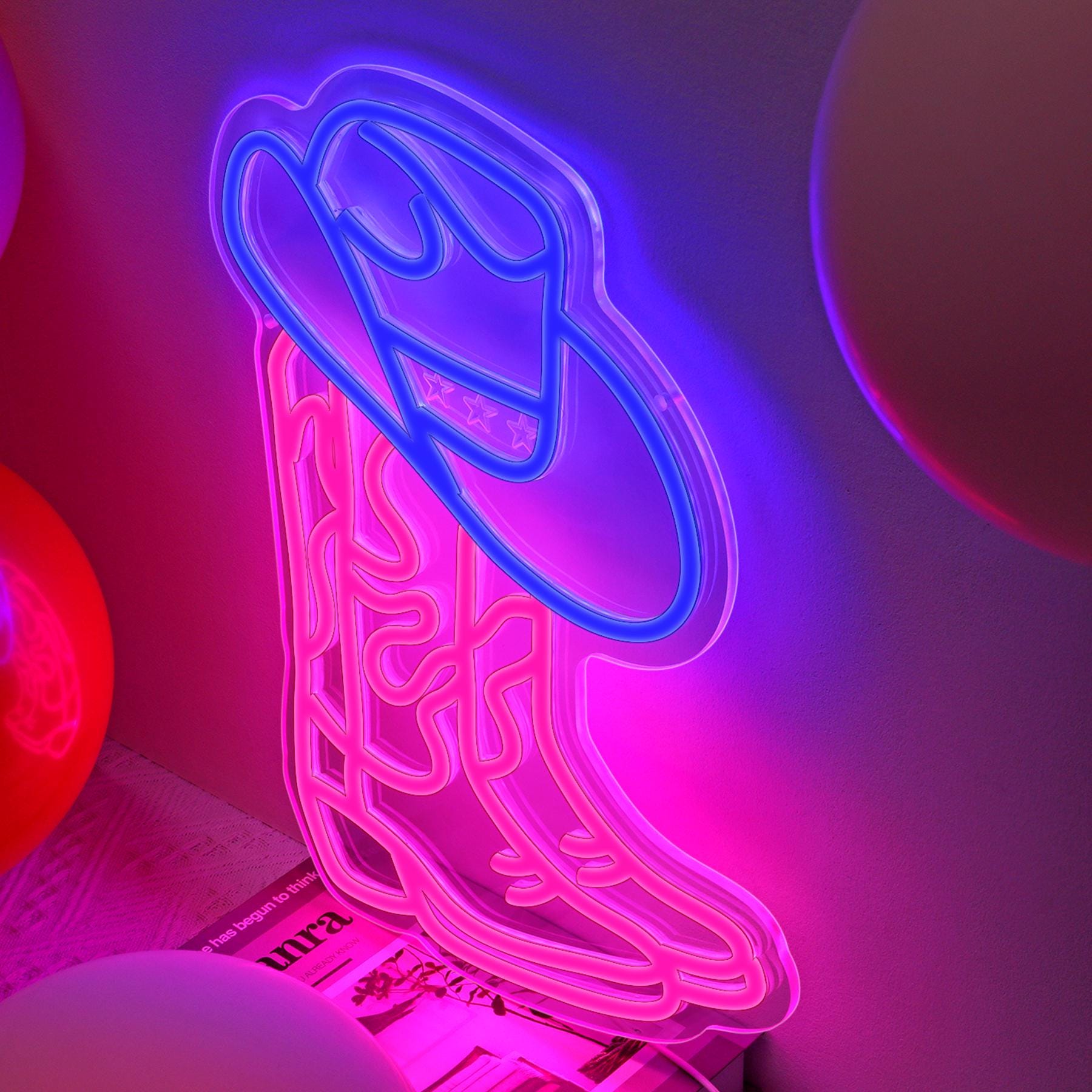 Cowboy Boot and Hat Neon Sign, LED Pink Cowgirl Boots Neon Sign Wall ...