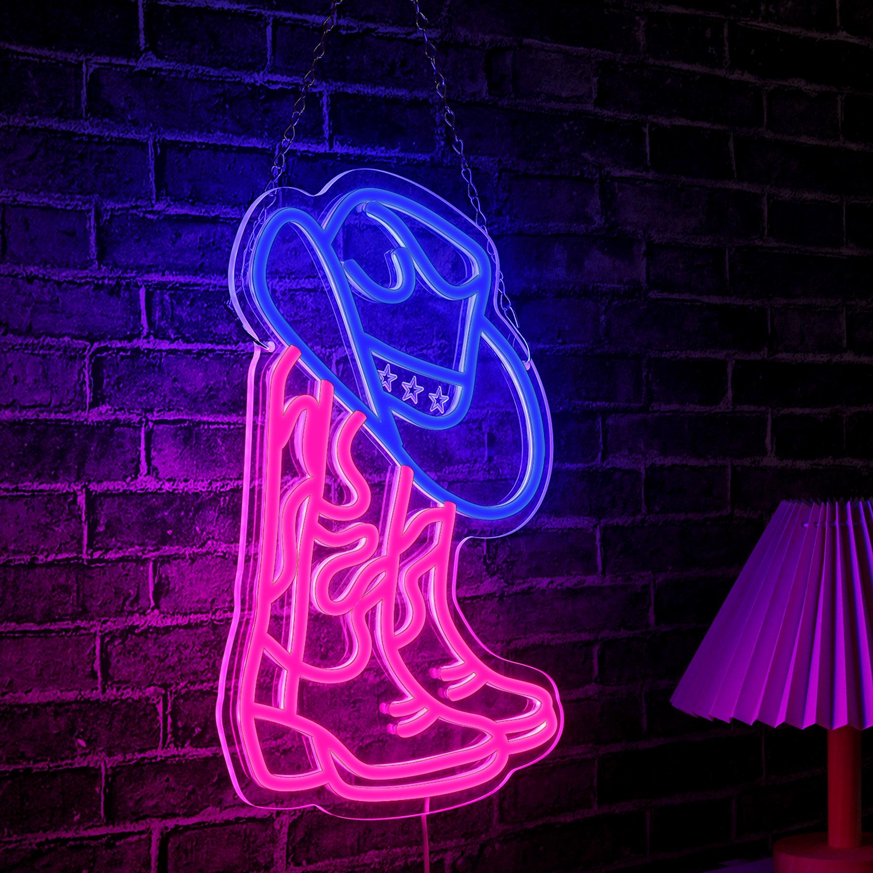 Cowboy Boot and Hat Neon Sign, LED Pink Cowgirl Boots Neon Sign Wall ...