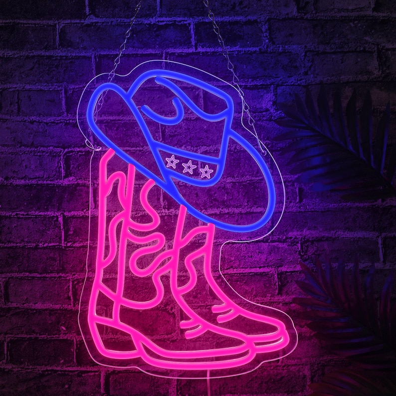 Cowboy Boot and Hat Neon Sign, LED Pink Cowgirl Boots Neon Sign Wall ...