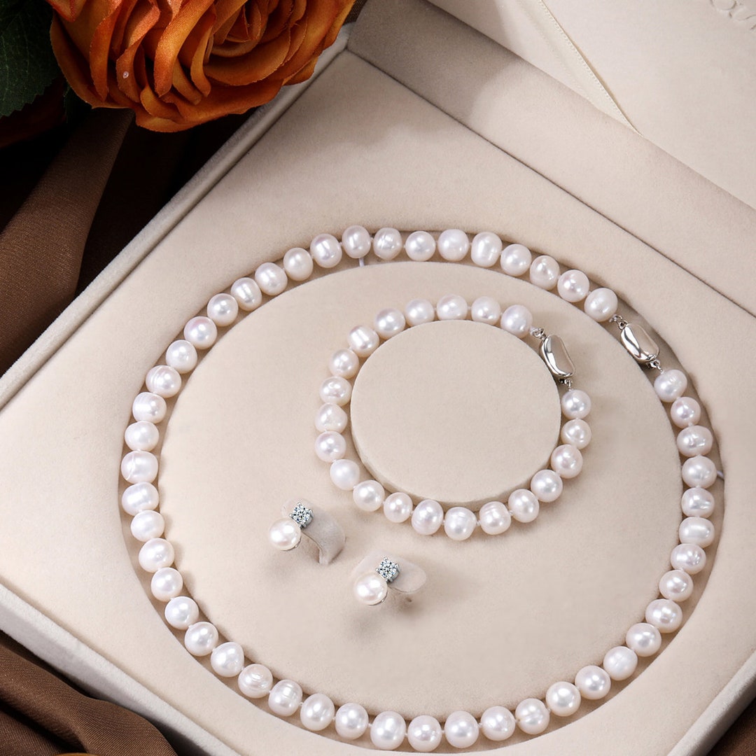 Freshwater Pearl Necklace Set for Women Silver Bracelet Stud Earrings ...