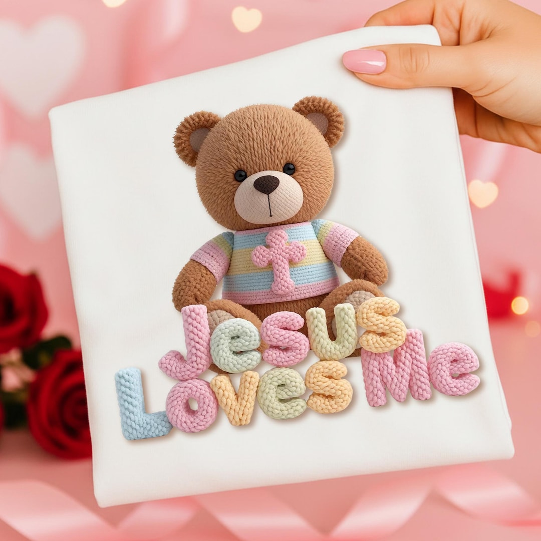 PNG Jesus Loves Me Teddy Bear Faux Yarn Crochet Embroidery Baby Girl ...