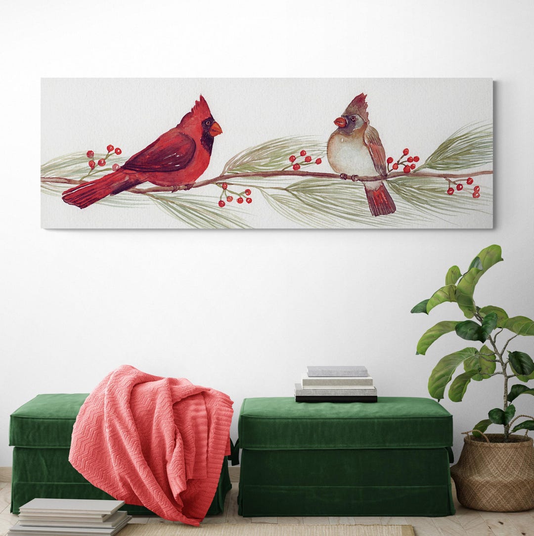 Red Cardinal Canvas Wall Art Long Narrow Horizontal Over Couch Living ...