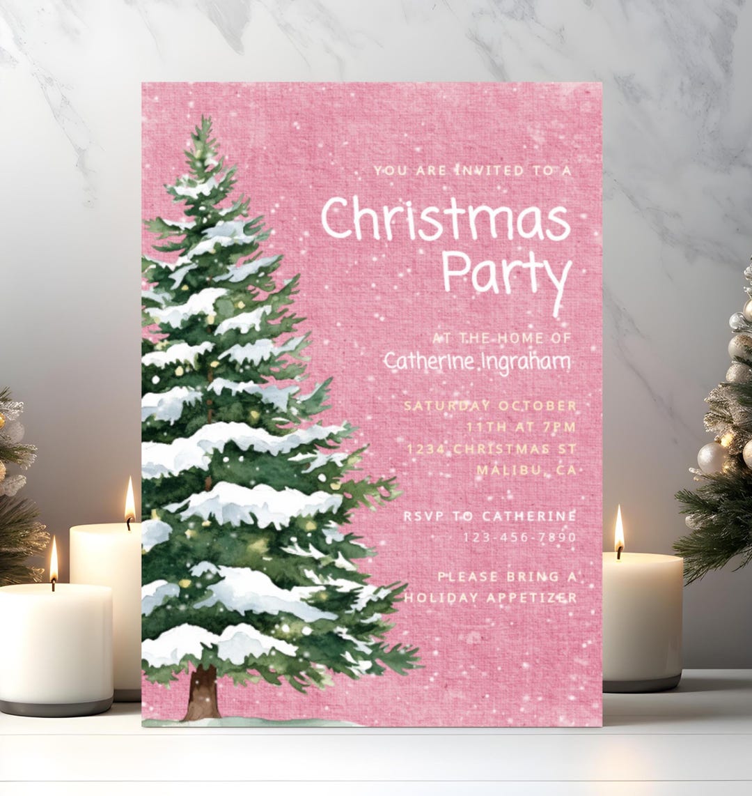 Editable Christmas Party Invitation Pink Snow Holiday Template ...