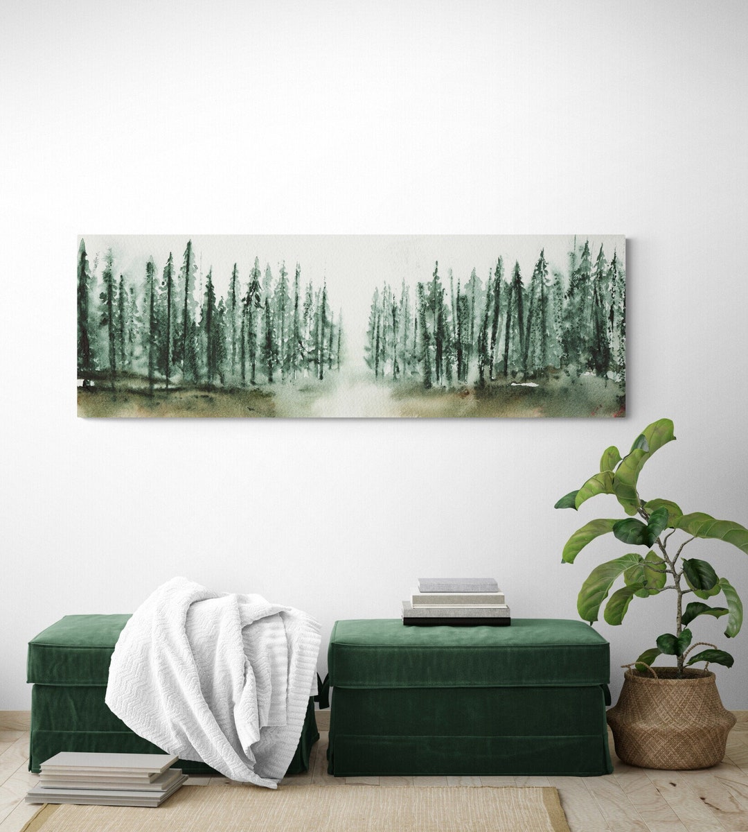 Forest Pine Trees Narrow Long Horizontal Canvas Wall Art Over Couch ...