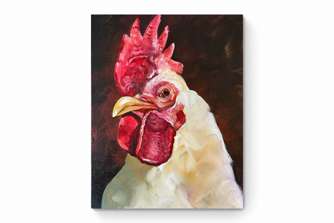 Original Art Acrylic Chicken Painting Canvas Wall Art White Rooster ...
