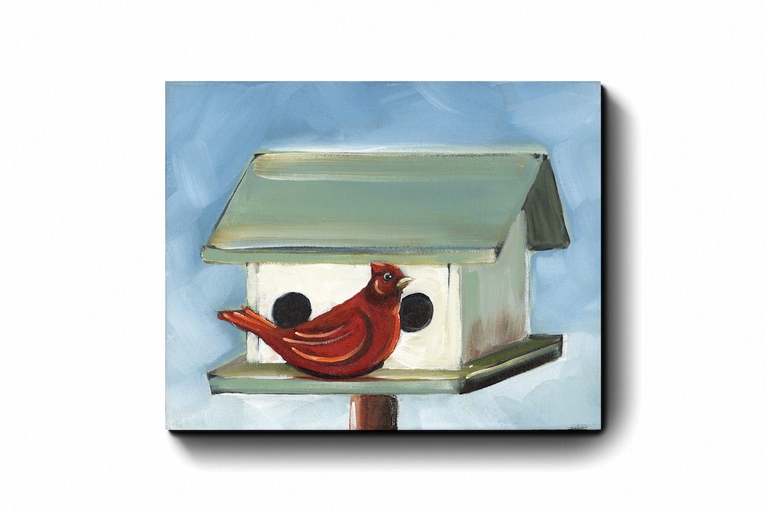 Original Art Folk Art Cardinal Birdhouse Acrylic Painting Canvas Small ...