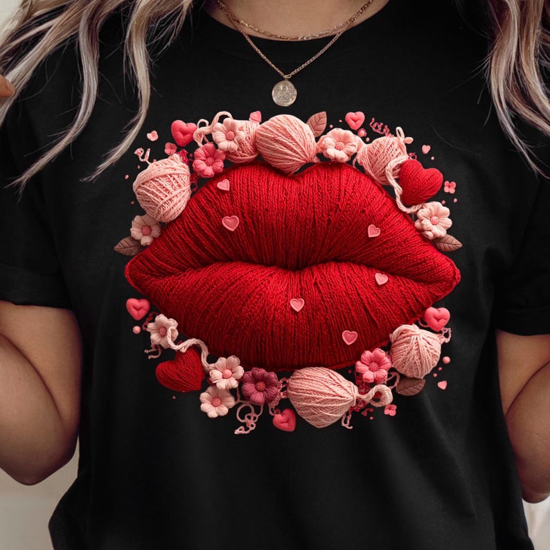 PNG Valentines Day Red Lips Faux Yarn Crochet Faux Embroidery Valentine ...