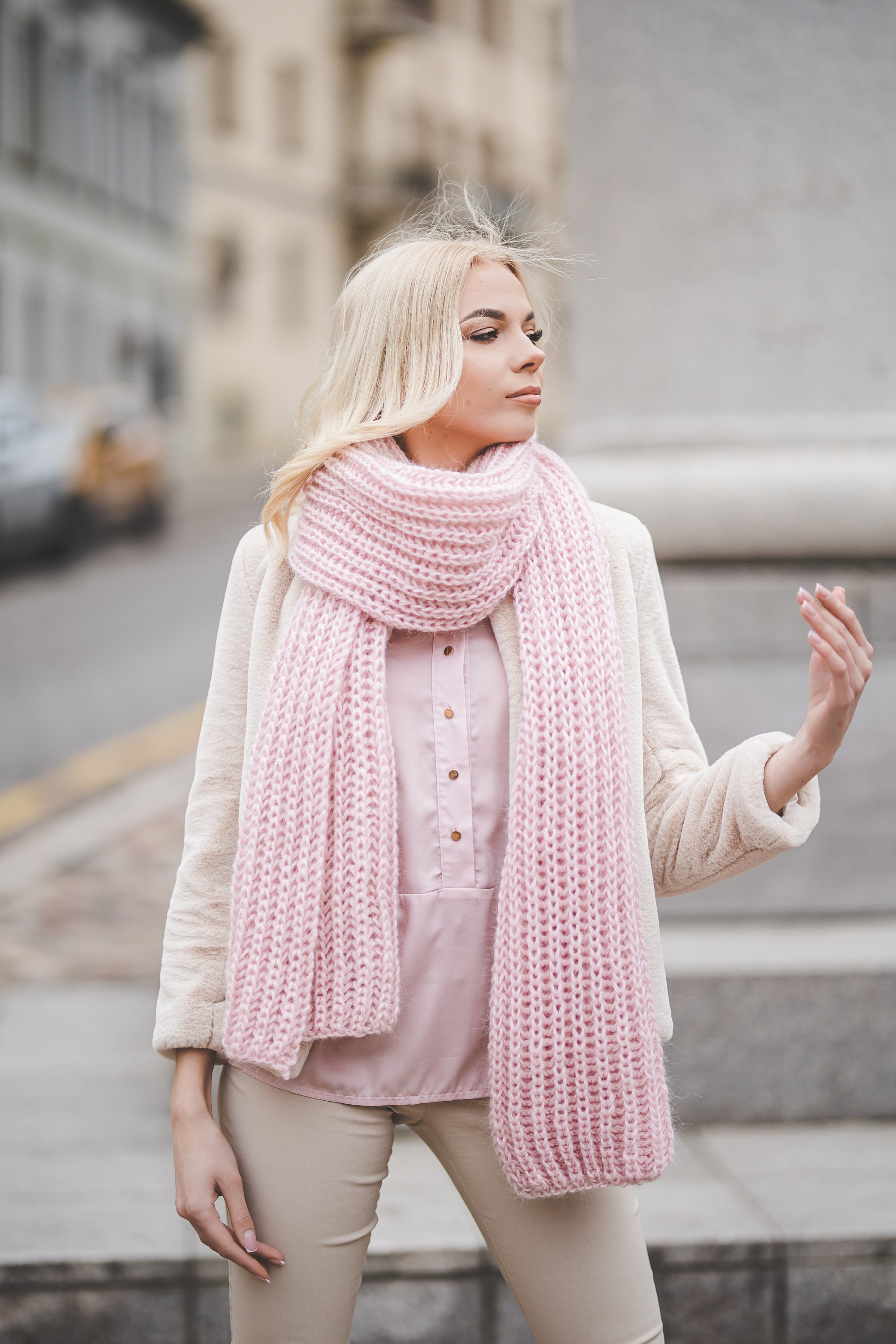Soft Long Winter Scarf, Fluffy Powder Pink Women Shawl, Chunky Neck ...